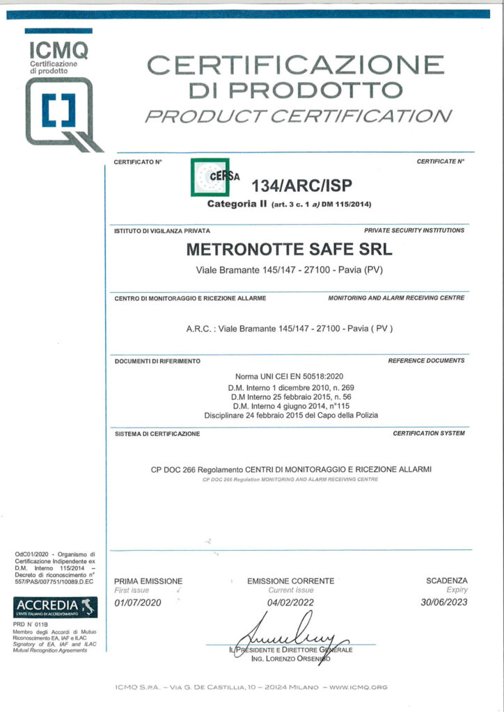 Certificazioni | Metronotte SAFE